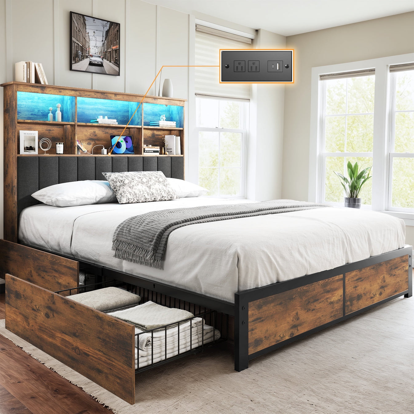 Lifezone Bookcase Beds Full Bed Frame with Wooden Platform, Rustic Bro ...