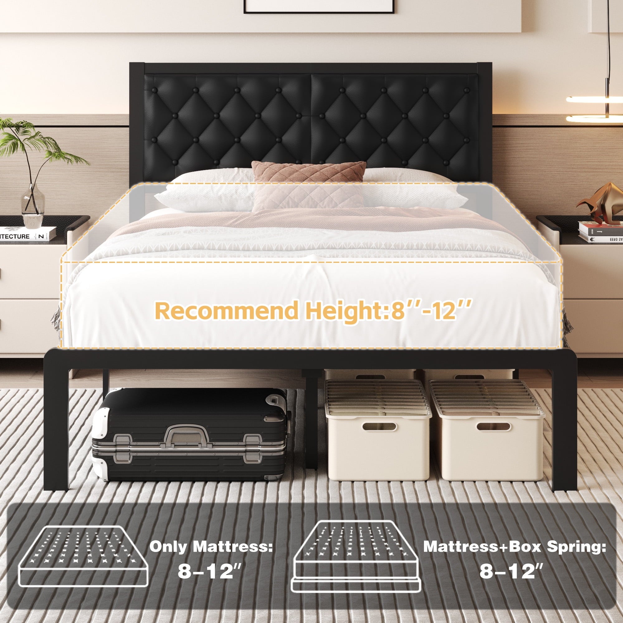 Lifezone Bed Frame with Upholstered Headboard, Queen, Metal Support, N ...