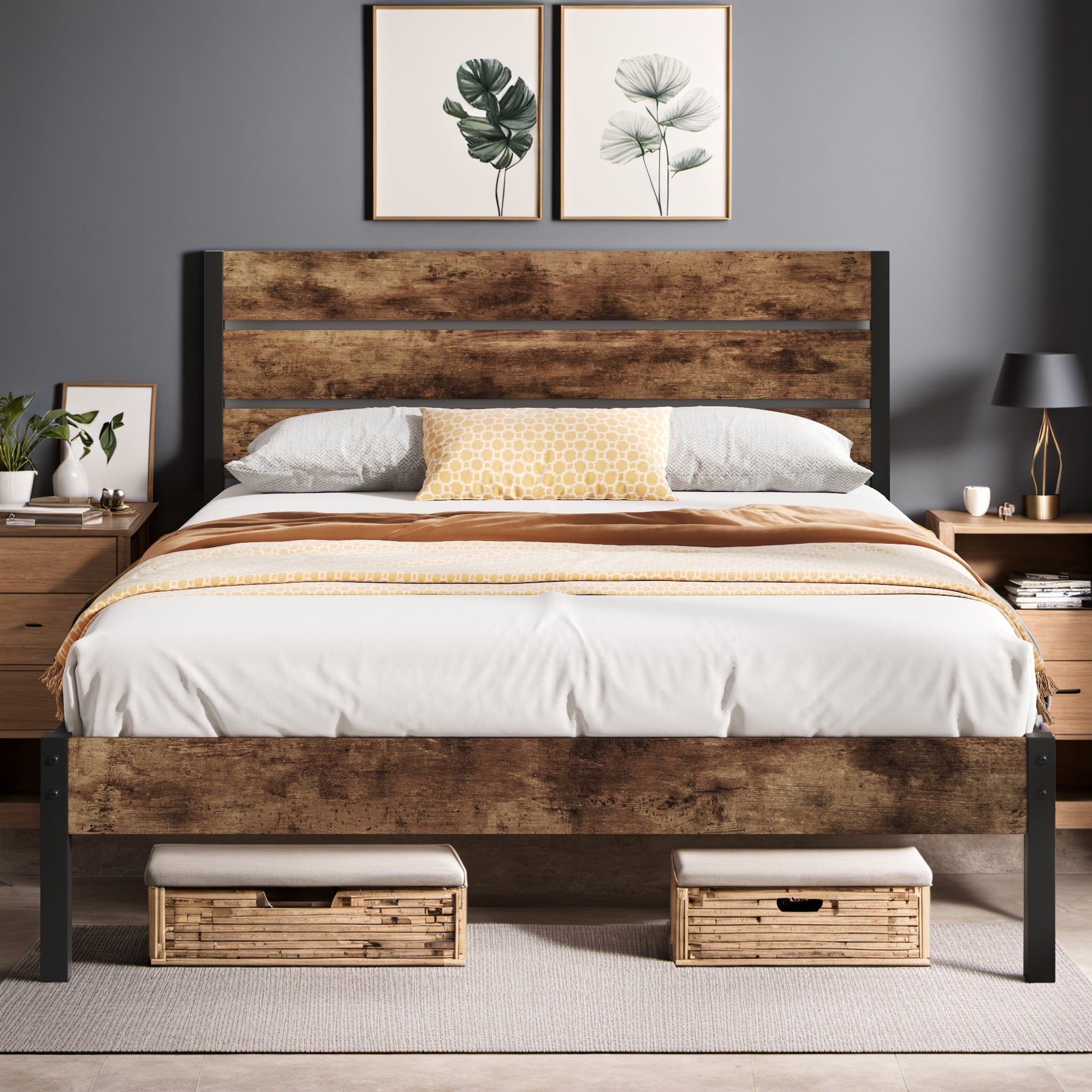 Lifezone Queen Bed Frame with Rustic Vintage Wood Headboard and Footbo ...